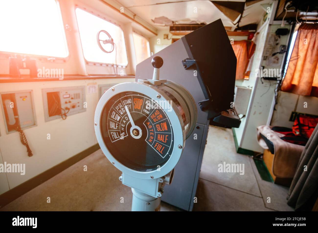 Navigational bridge and control device on old abandoned ship Stock ...