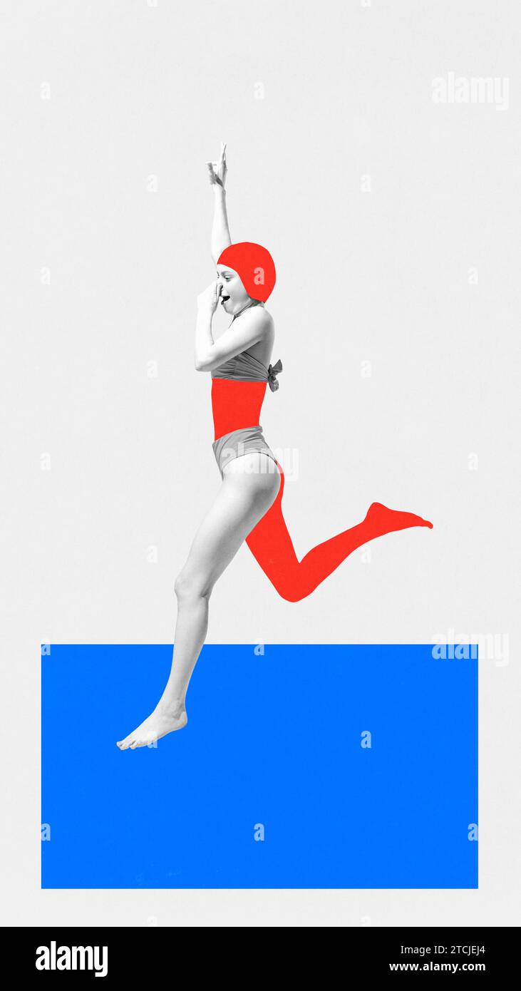 Young woman, swimmer diving into swimming pool over light background ...