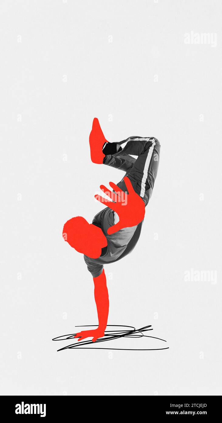 Dynamic image of young man, dancer performing breakdance over white ...