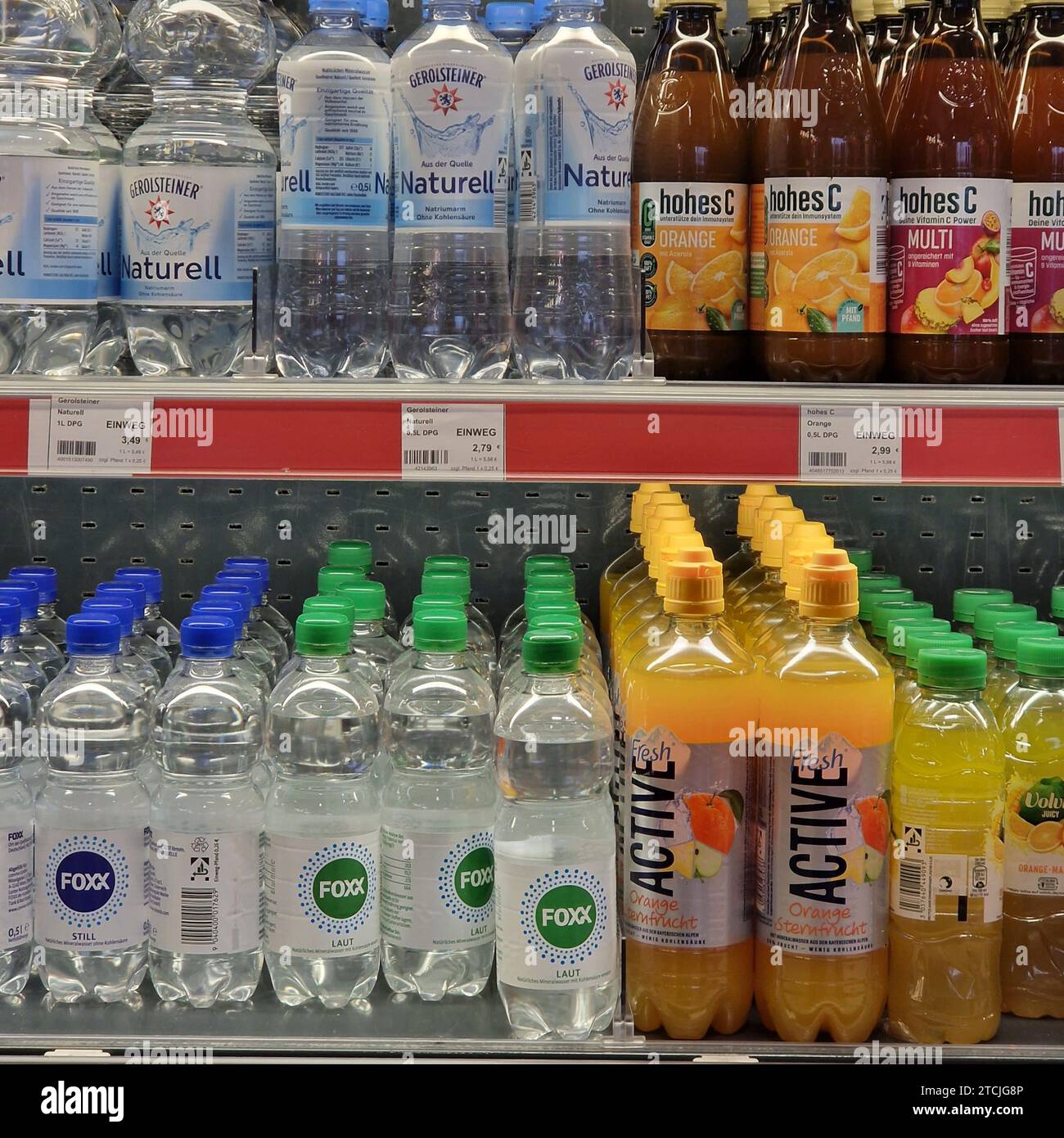 Water and soft drinks bottles, Highway, Service station shop, Germany ...