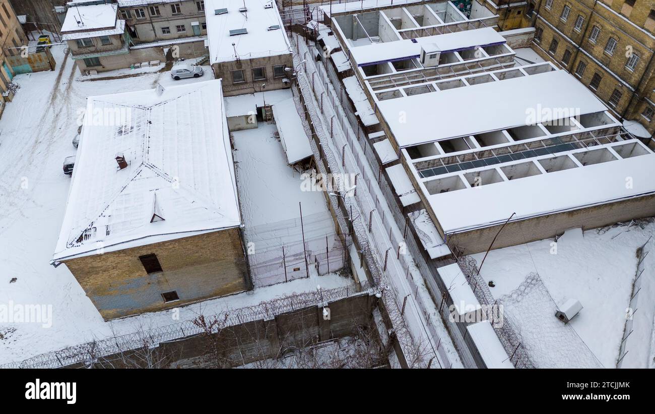 Drone photography of old prison backyard during winter day Stock Photo ...