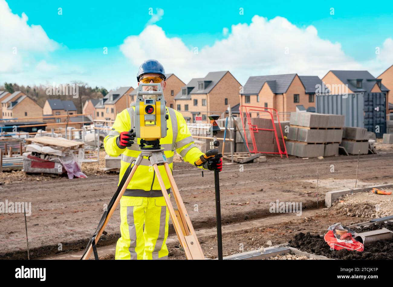 Surveyor builder site engineer with theodolite total station at ...