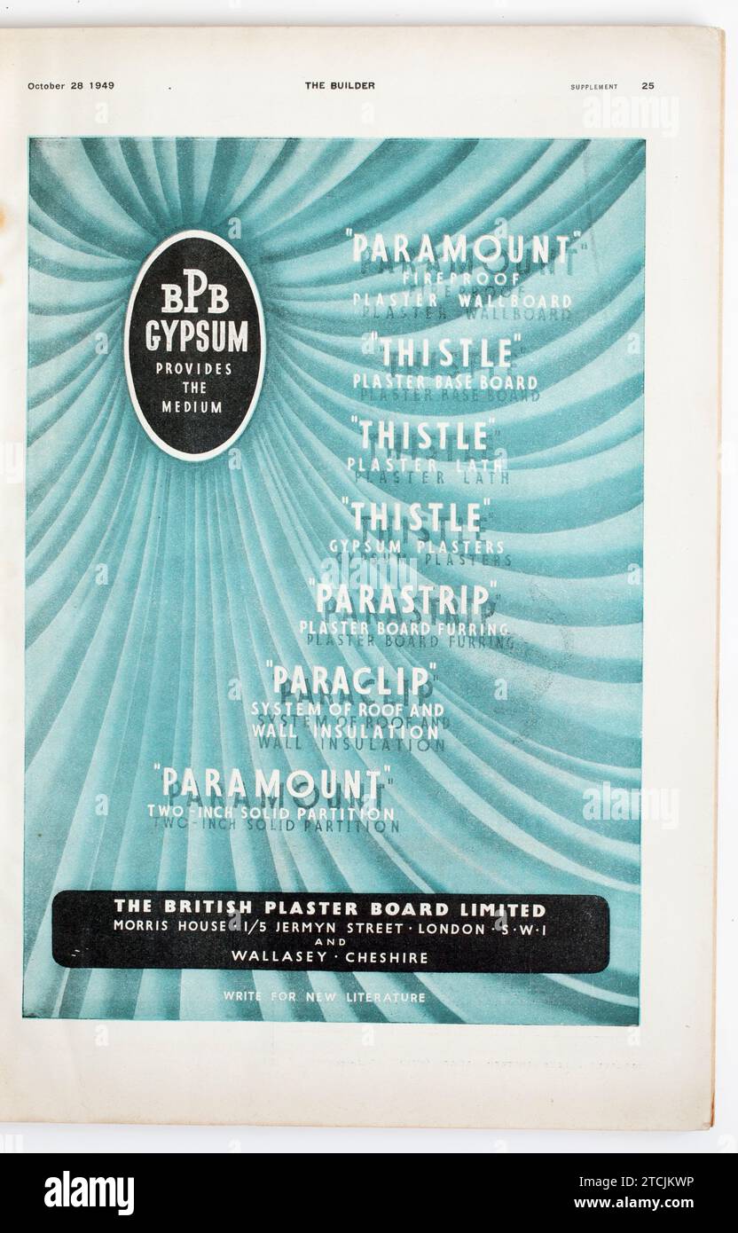 Advertising from a copy of 1940s The Builder Magazine ; BPB Gypsum ...