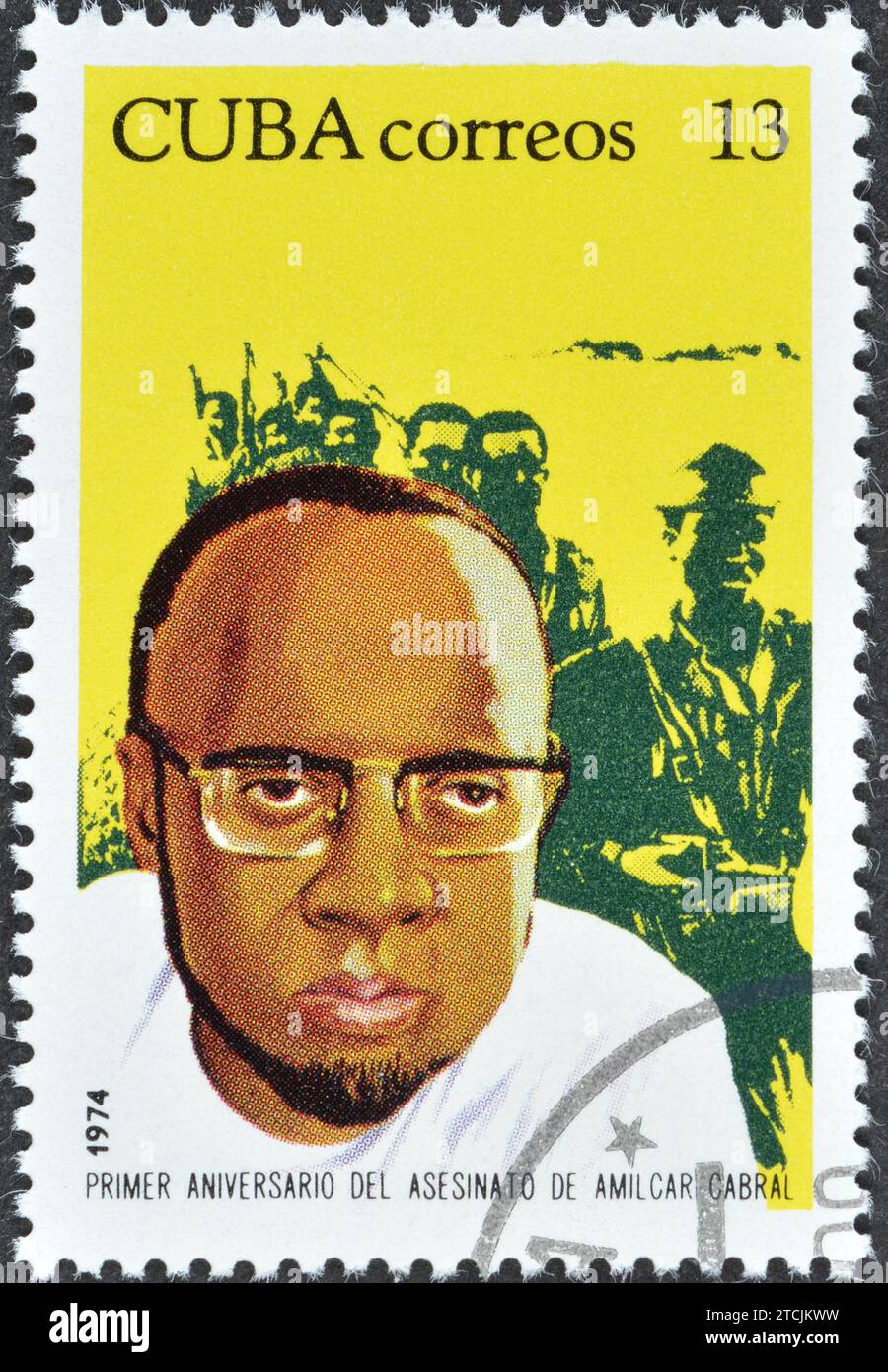 Cancelled postage stamp printed by Cuba, that shows Amilca Cabral, 1st ...