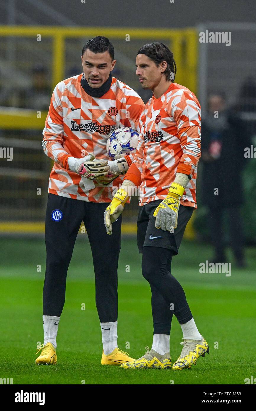 Milano, Italy. 12th Dec, 2023. Goalkeepers Yann Sommer (R) and Emil ...