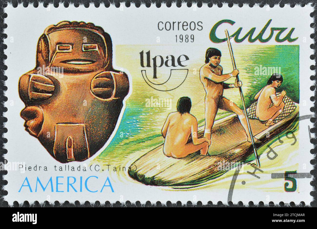 Cancelled postage stamp printed by Cuba, that shows Stone carving ...