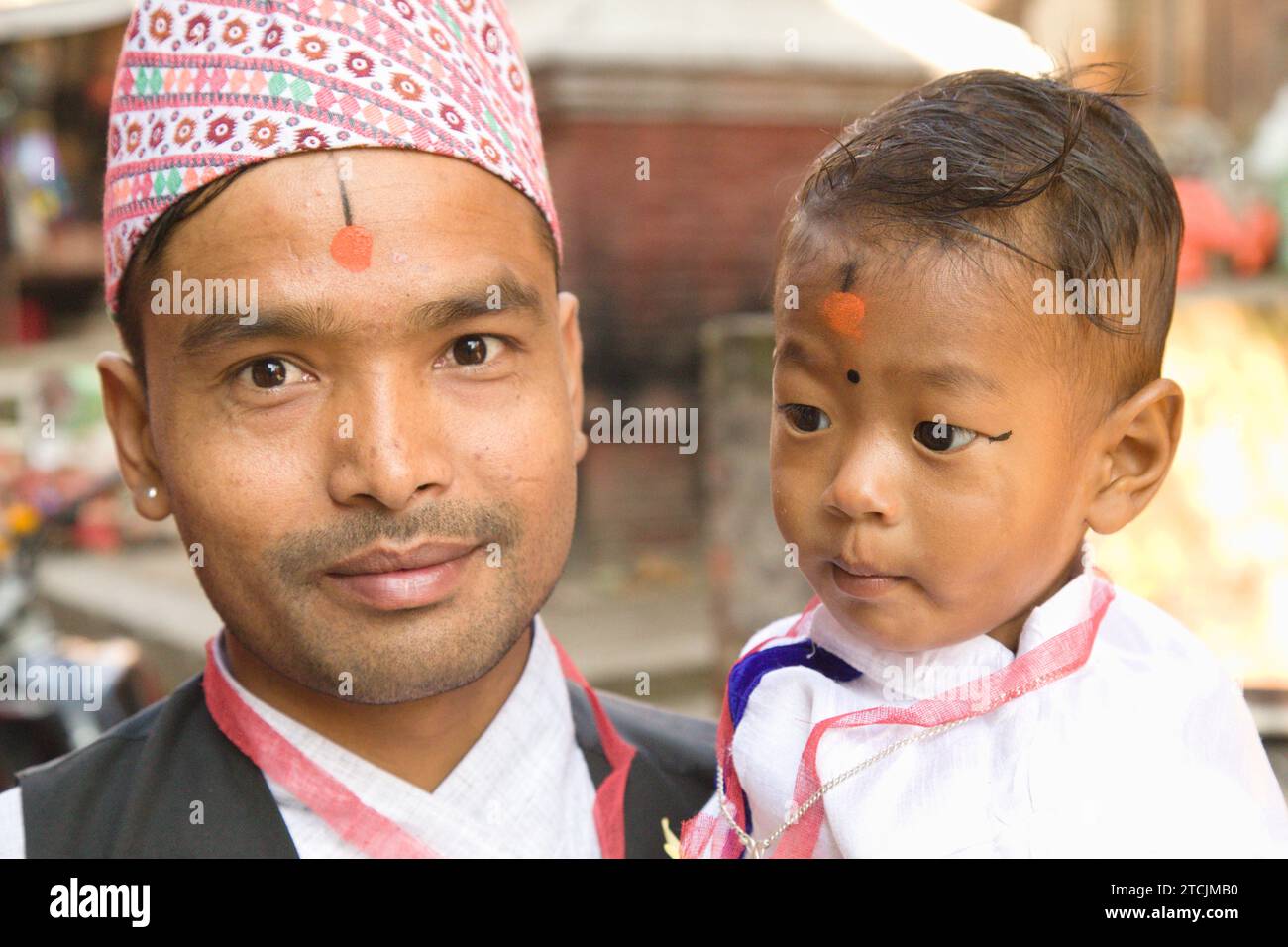Nepal, Bhaktapur, Dashain Festival, people, father and son Stock Photo ...