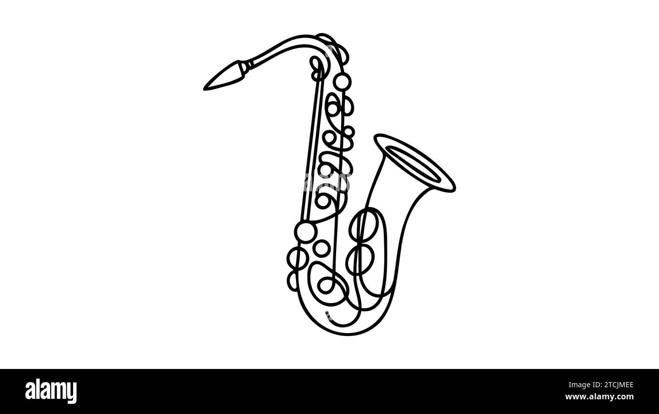 One continuous line drawing of classical saxophone. Wind music ...