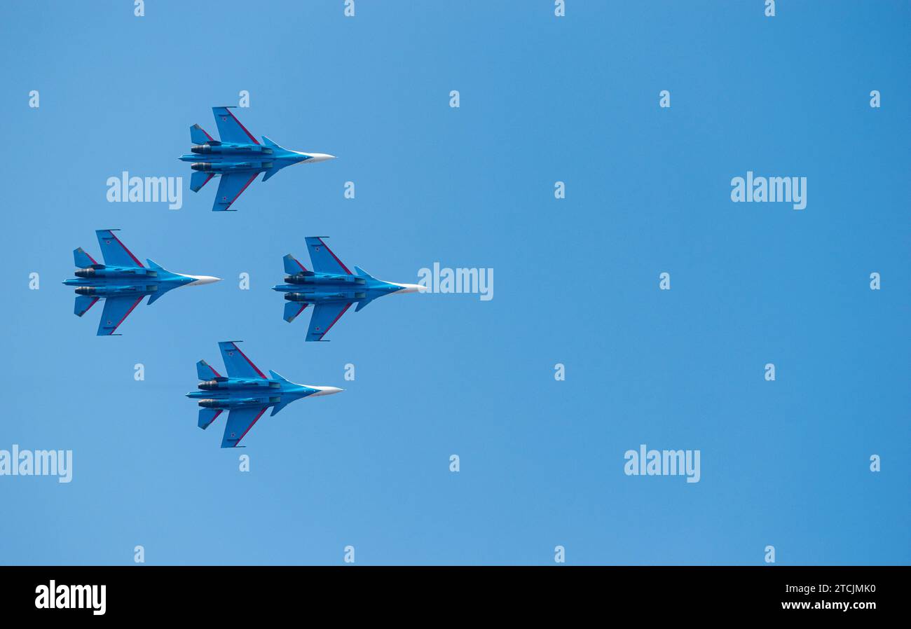 Four Sukhoi Su-27 Flanker fighter jets of the Russian Air Force soar in ...