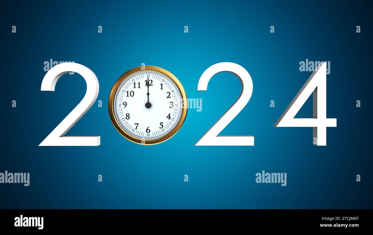 2024 Text with Gold Clock and Confetti blast Stock Photo - Alamy