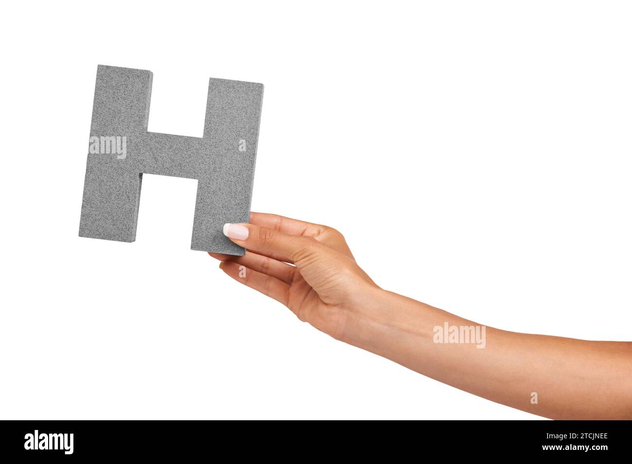 Hand of woman, capital letter H and presentation of font isolated on ...