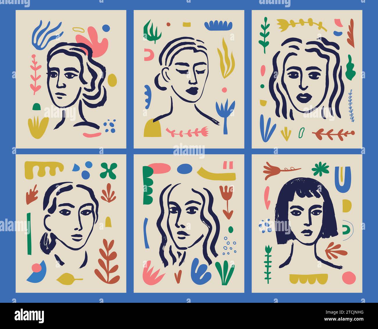Vector set of abstract woman faces, matisse style illustrations ...