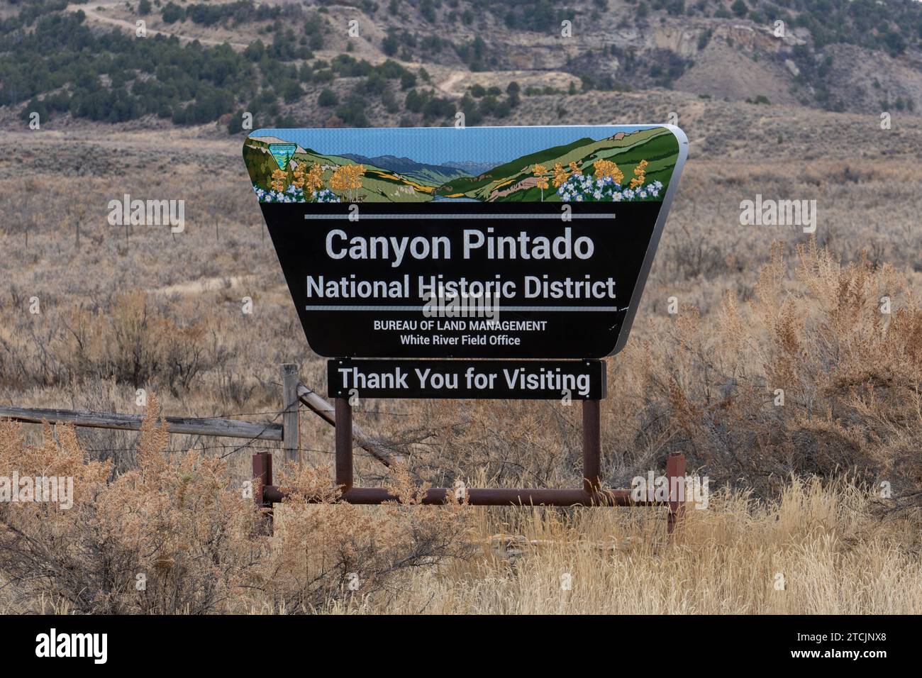 Sign for the Canyon Pintado National Historic District in Colorado ...