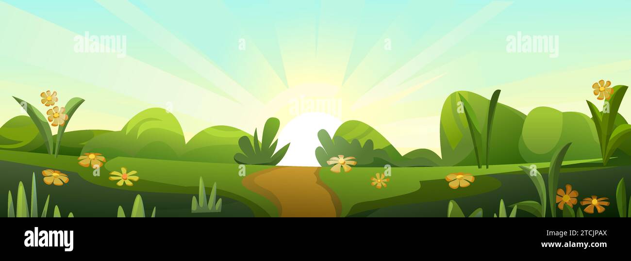 Morning sun on meadow. Scenery Landscape. Fun cartoon style. Vector ...