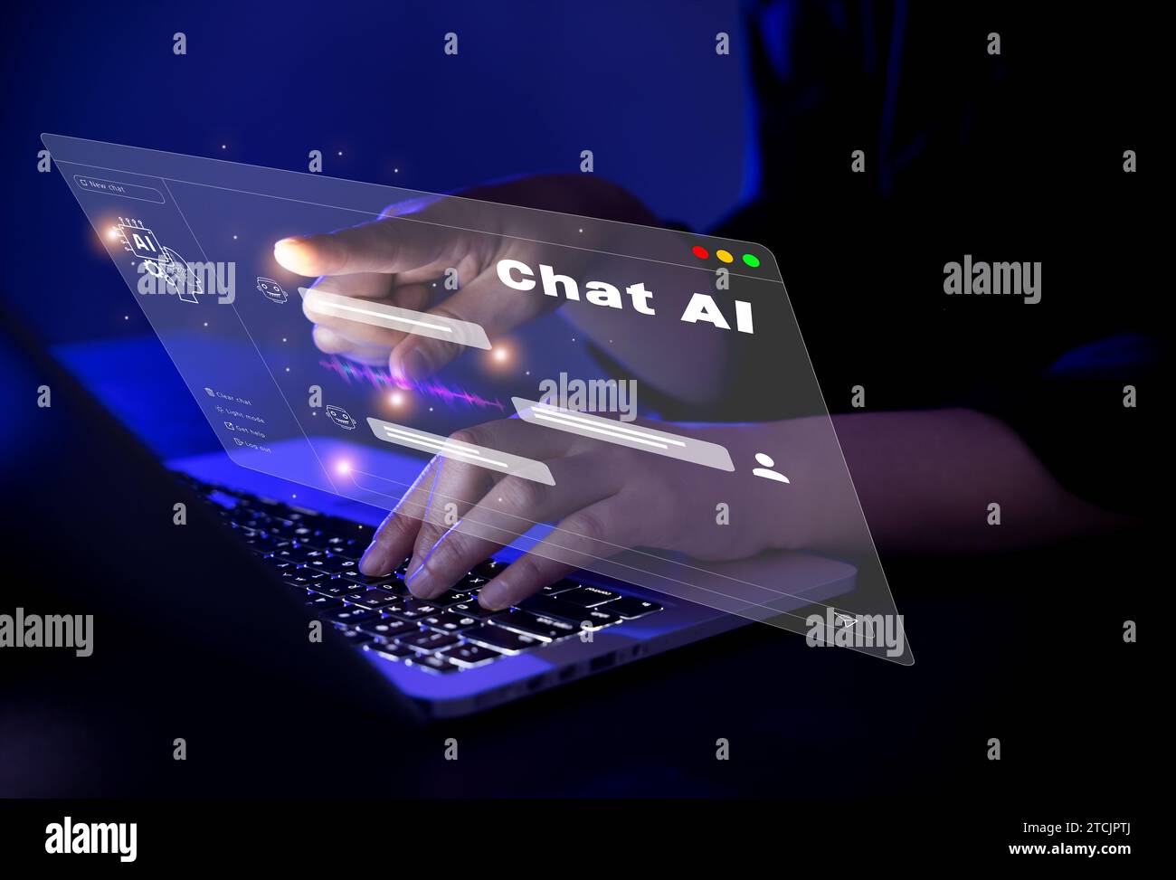 Virtual screen on laptop, hands chatting with chatgpt with hologram ...