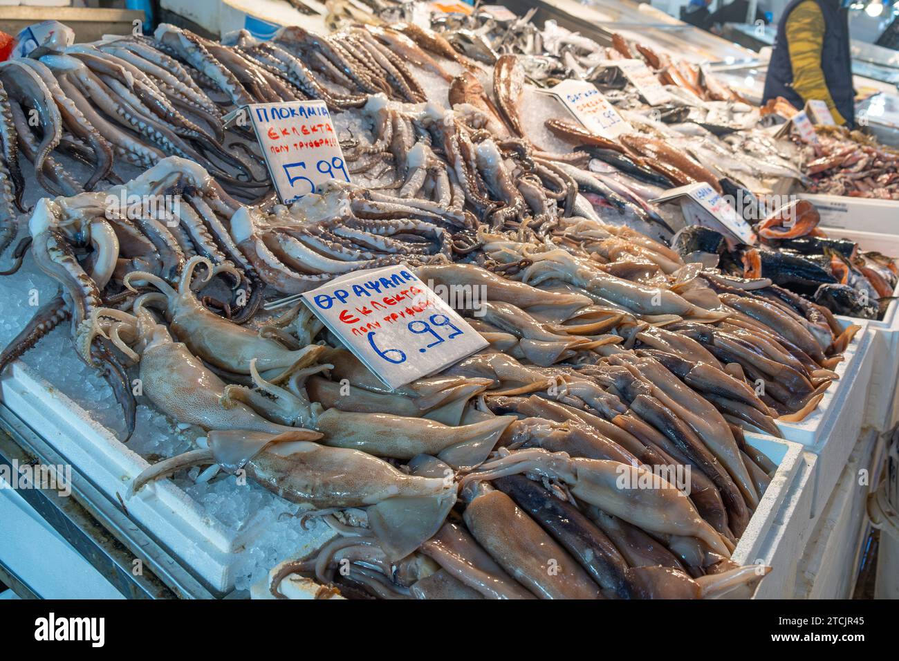 Central seafood market with displays and counters with squids ...