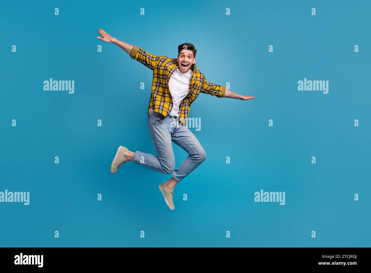 Full body size photo of carefree flying guy enjoying free time spending ...