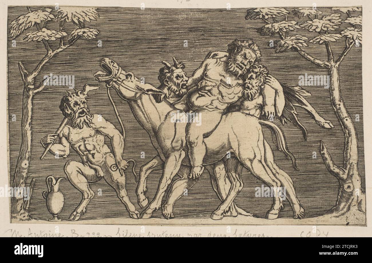 Two satyrs placing Silenus on a braying mule and a third satyr at left ...
