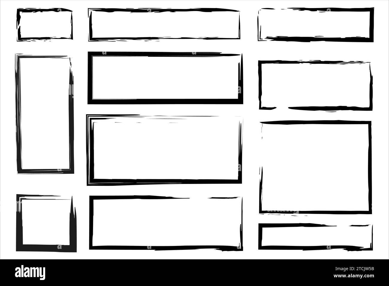 Grunge set of square and rectangular frames. Ink empty black boxes. Collection of rectangular ...