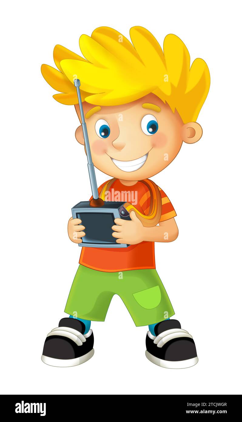 cartoon happy boy playing with radio controller for some toy with model ...
