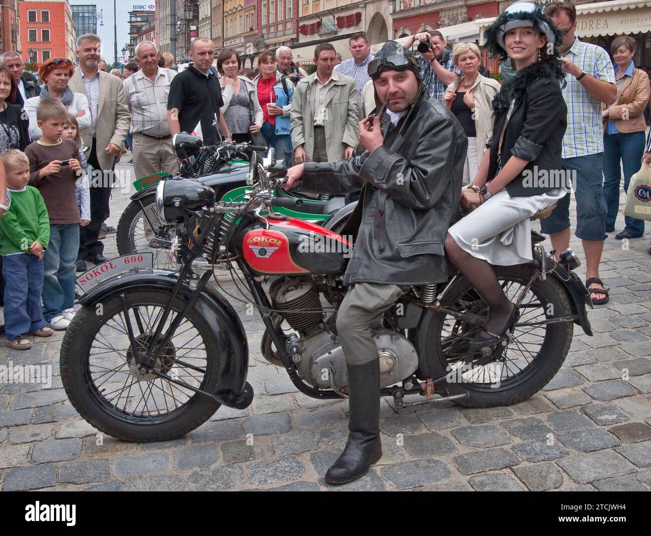 1930s Sokol 600, Polish motorcycle, costumed biker in soft helmet ...