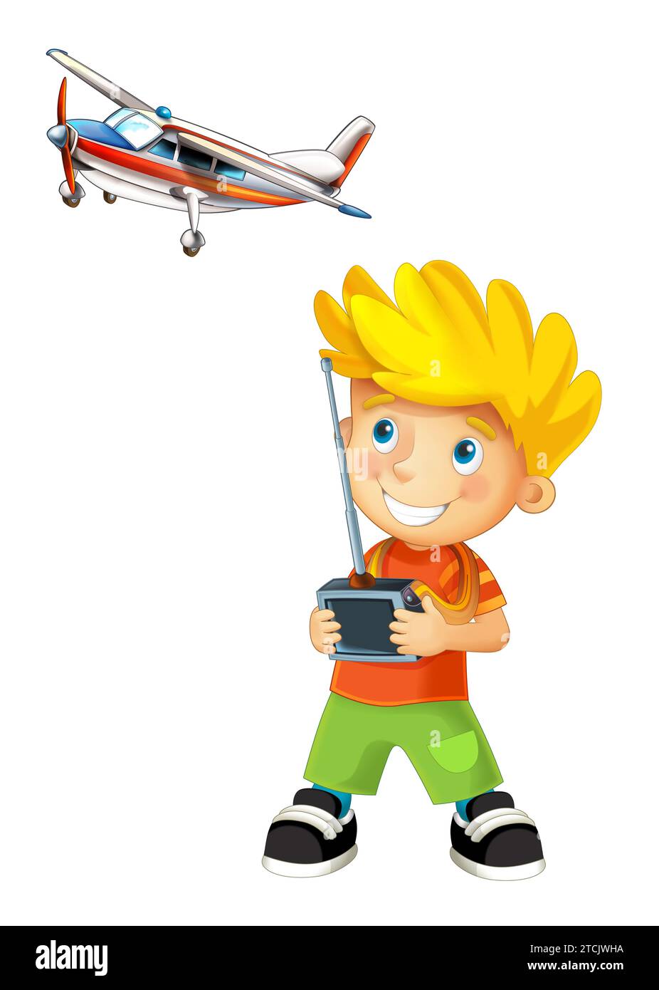 cartoon happy boy playing with radio controller for some toy with model ...