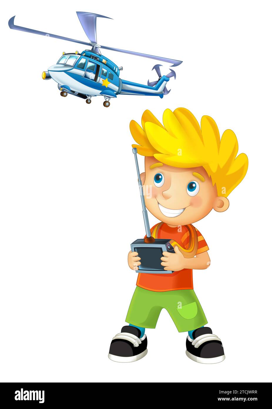 cartoon happy boy playing with radio controller for some toy with model ...