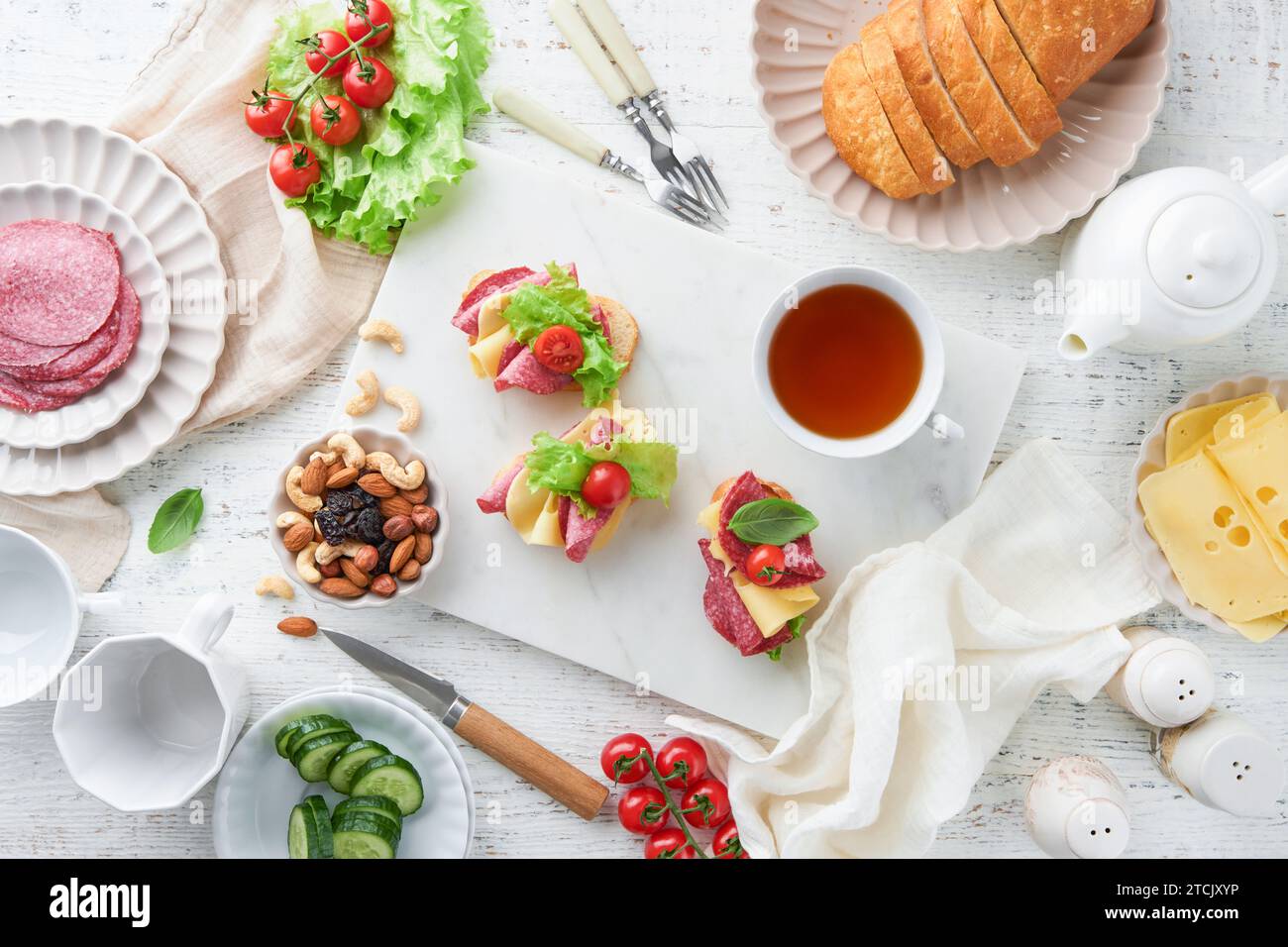 Preparation sandwiches snack for morning meal or breakfast on white ...