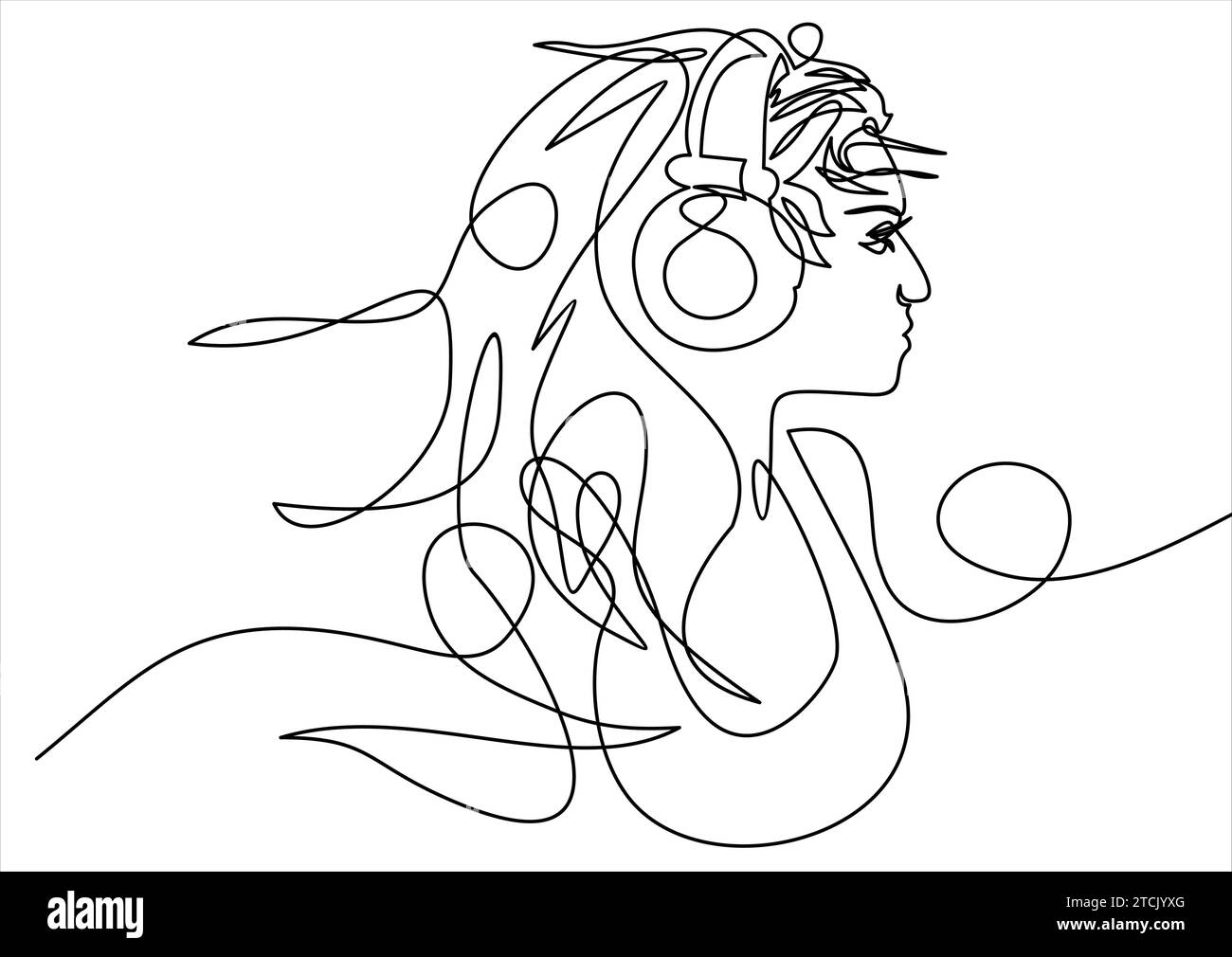 continuous single drawn one line. girl woman listens to music with ...