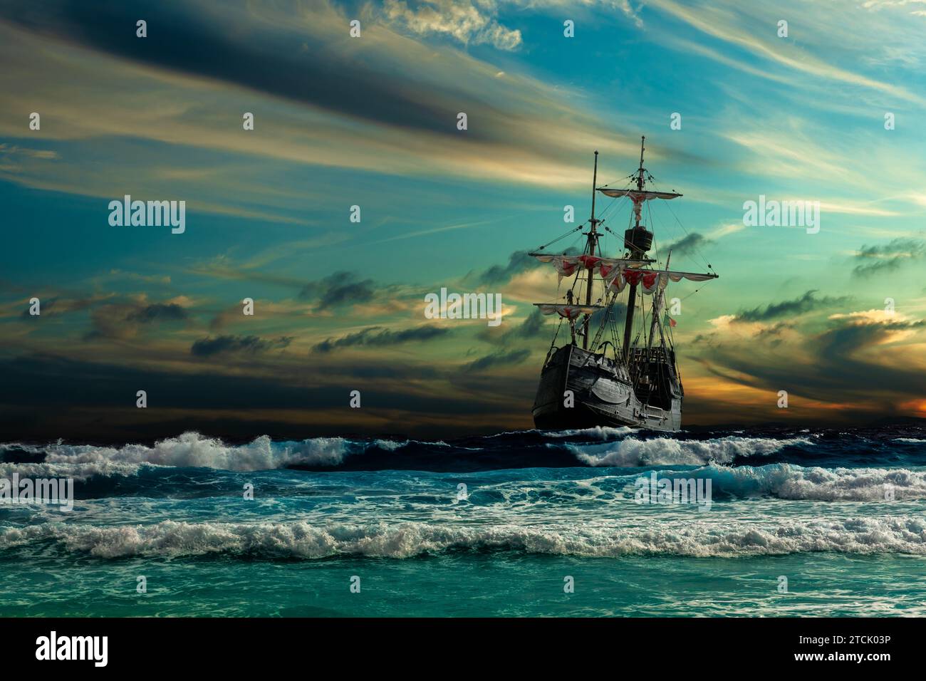 Grand view of an old sailing ship from the times of pirates and the ...