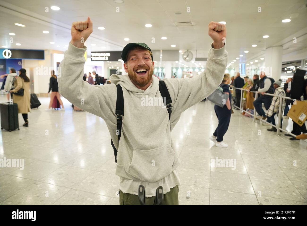 Series winner Sam Thompson arrives at Heathrow Airport, London, after ...