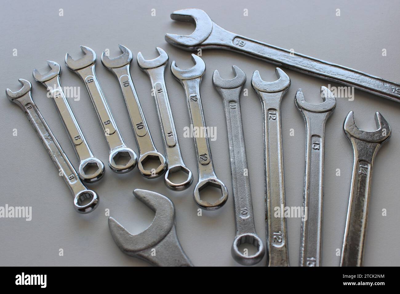 Arranged in the fan shape variety ring wrenches and hex spanners on ...