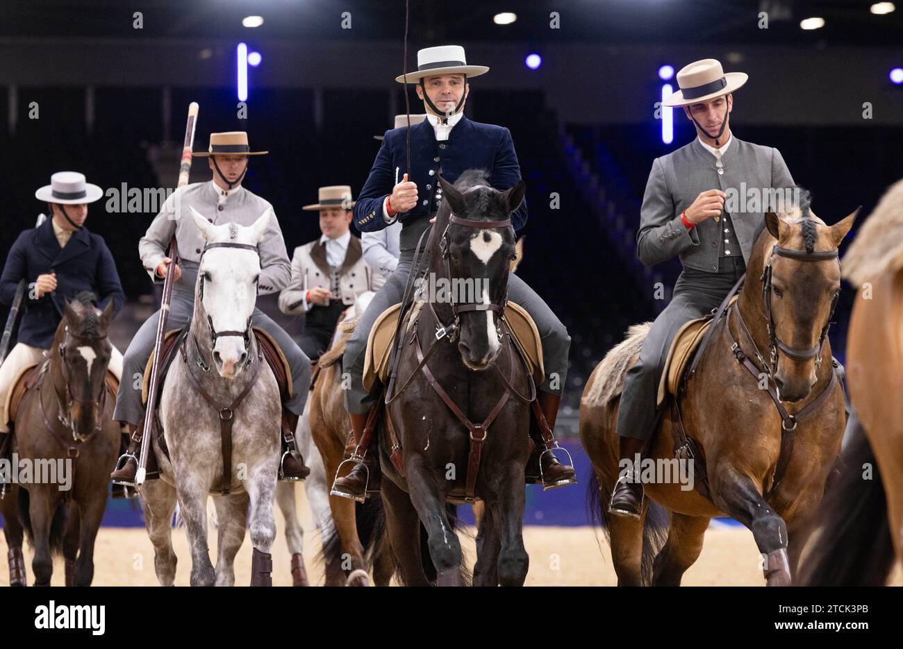EDITORIAL USE ONLY Portuguese Lusitano riders rehearse at ExCeL London ...