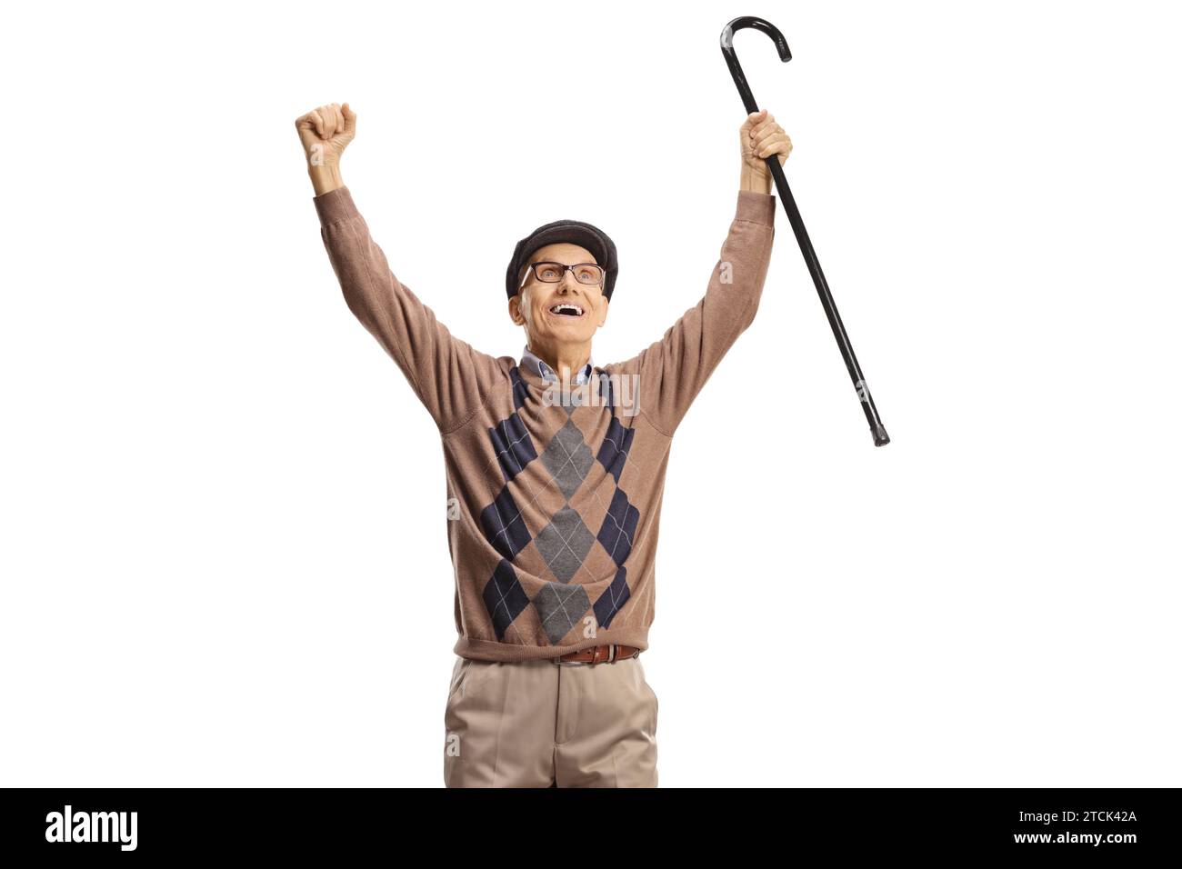 Full length portrait of a happy elderly man raising hands up and ...