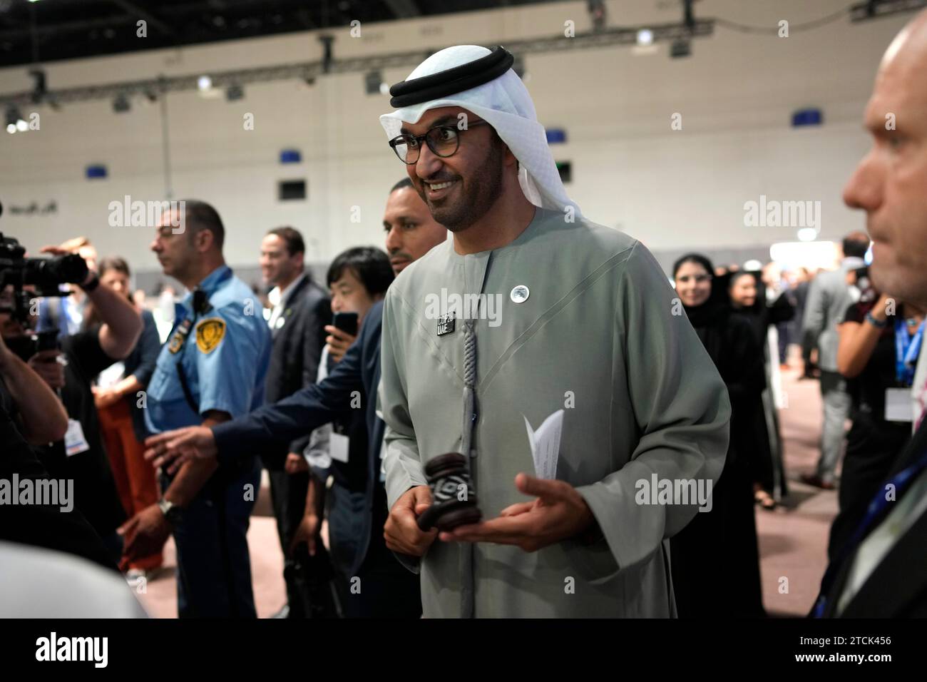 COP28 President Sultan al-Jaber holds the gavel at the end of the COP28 ...