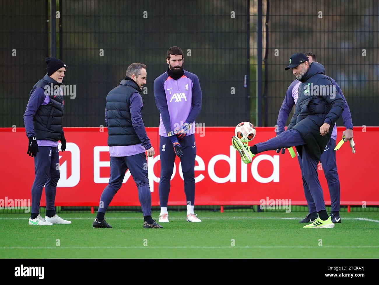 Liverpool goalkeeper Alisson Becker and manager Jurgen Klopp during a ...