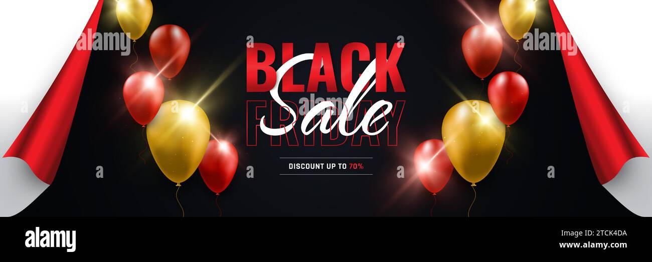 Black Friday Sale Banner with Red and Gold Helium Balloons and Open ...