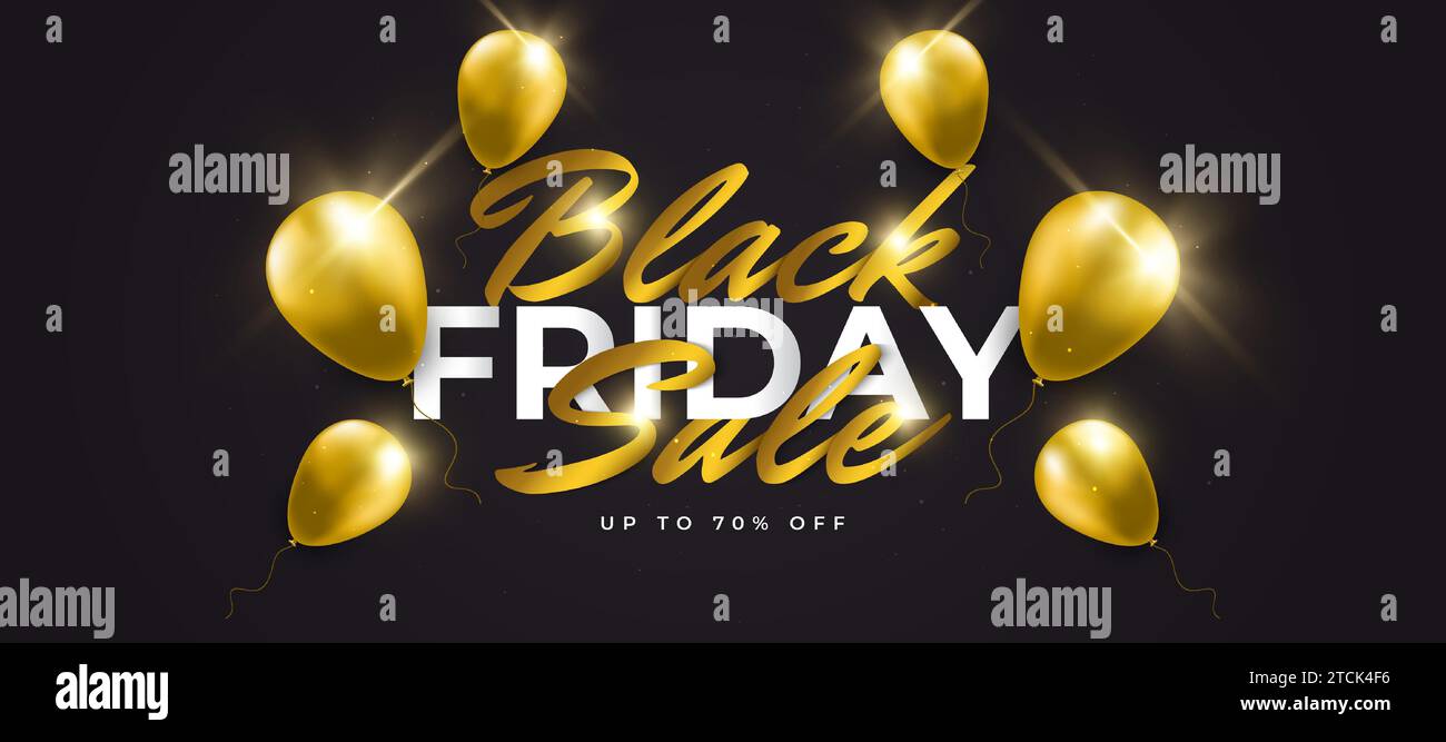 Black Friday Sale Banner Design with Gold Helium Balloons and Light ...