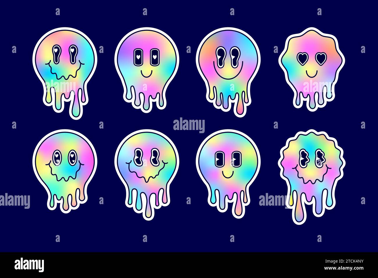 Set of stickers with melting emoticons in cartoon style. Line art style ...
