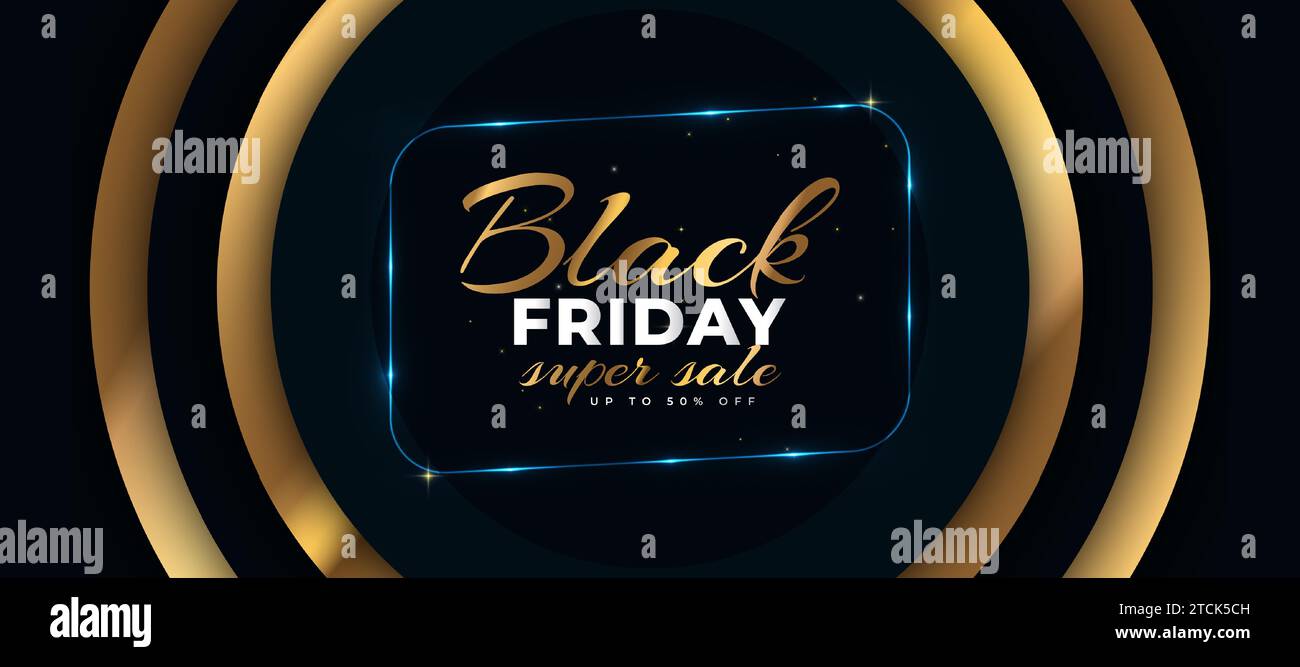 Black Friday Sale Banner with Shining Frame on Blue and Gold Paper ...