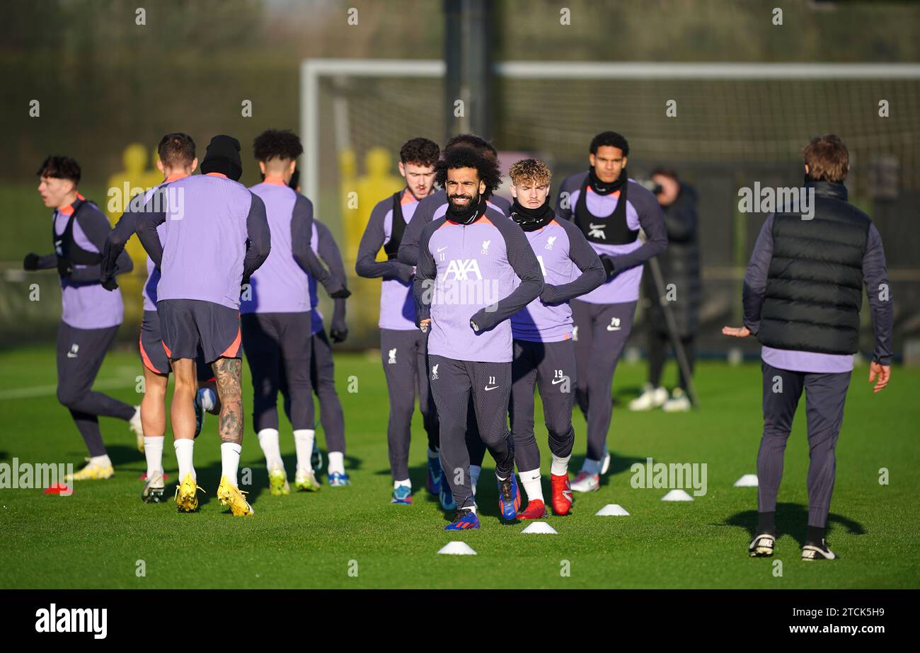 Liverpool's Mohamed Salah (centre) during a training session at the AXA ...