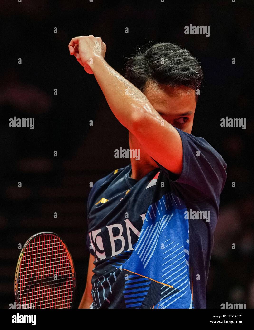 Hangzhou, China. 13th Dec, 2023. Anthony Sinisuka Ginting reacts during the men's singles group ...