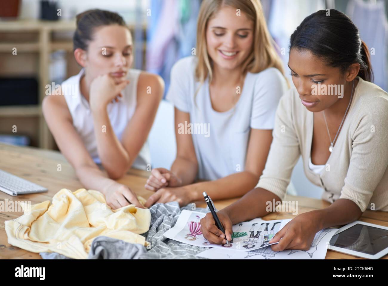 Fashion designer, women and teamwork or drawing ideas, creative ...