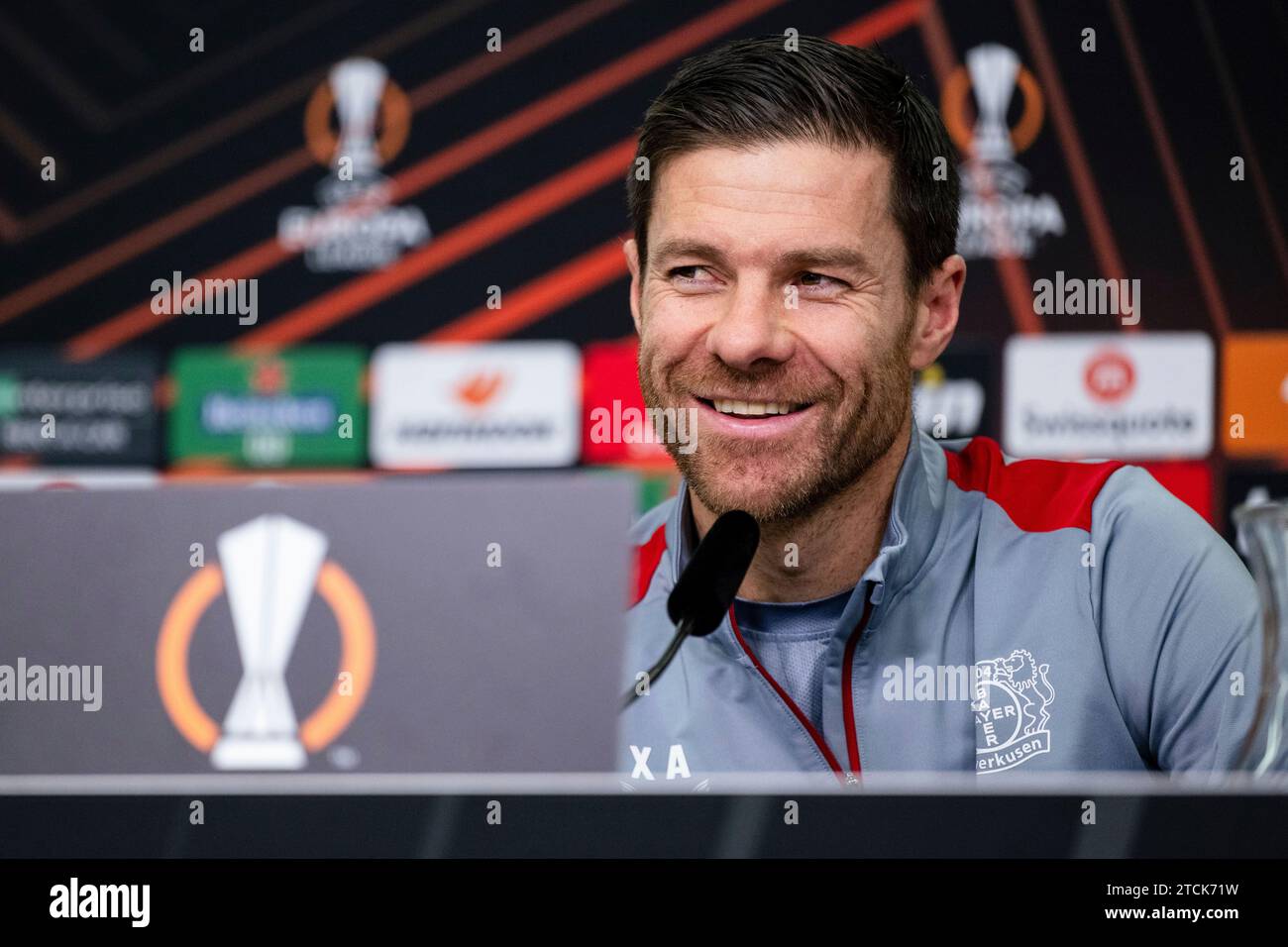 Bayer Leverkusen coach Xabi Alonso takes part in a press conference, in ...