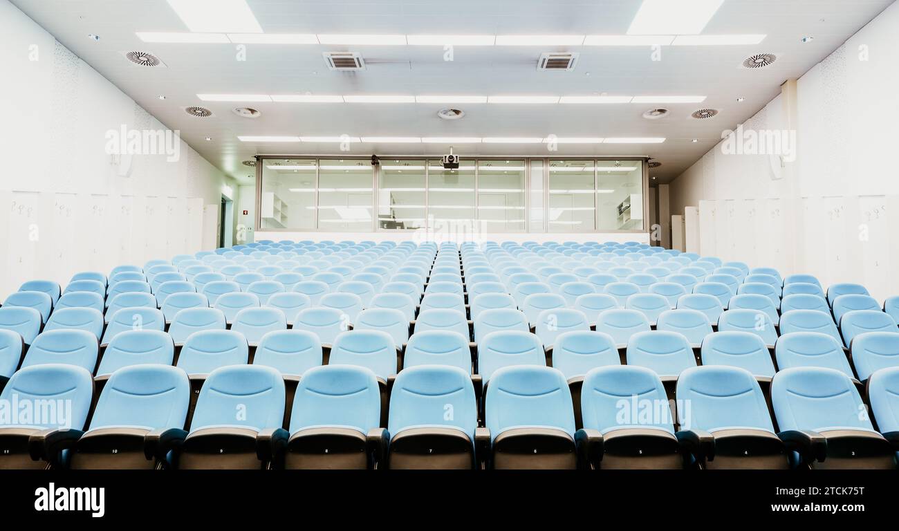 Interior of empty conference hall with blue velvet chairs Stock Photo ...