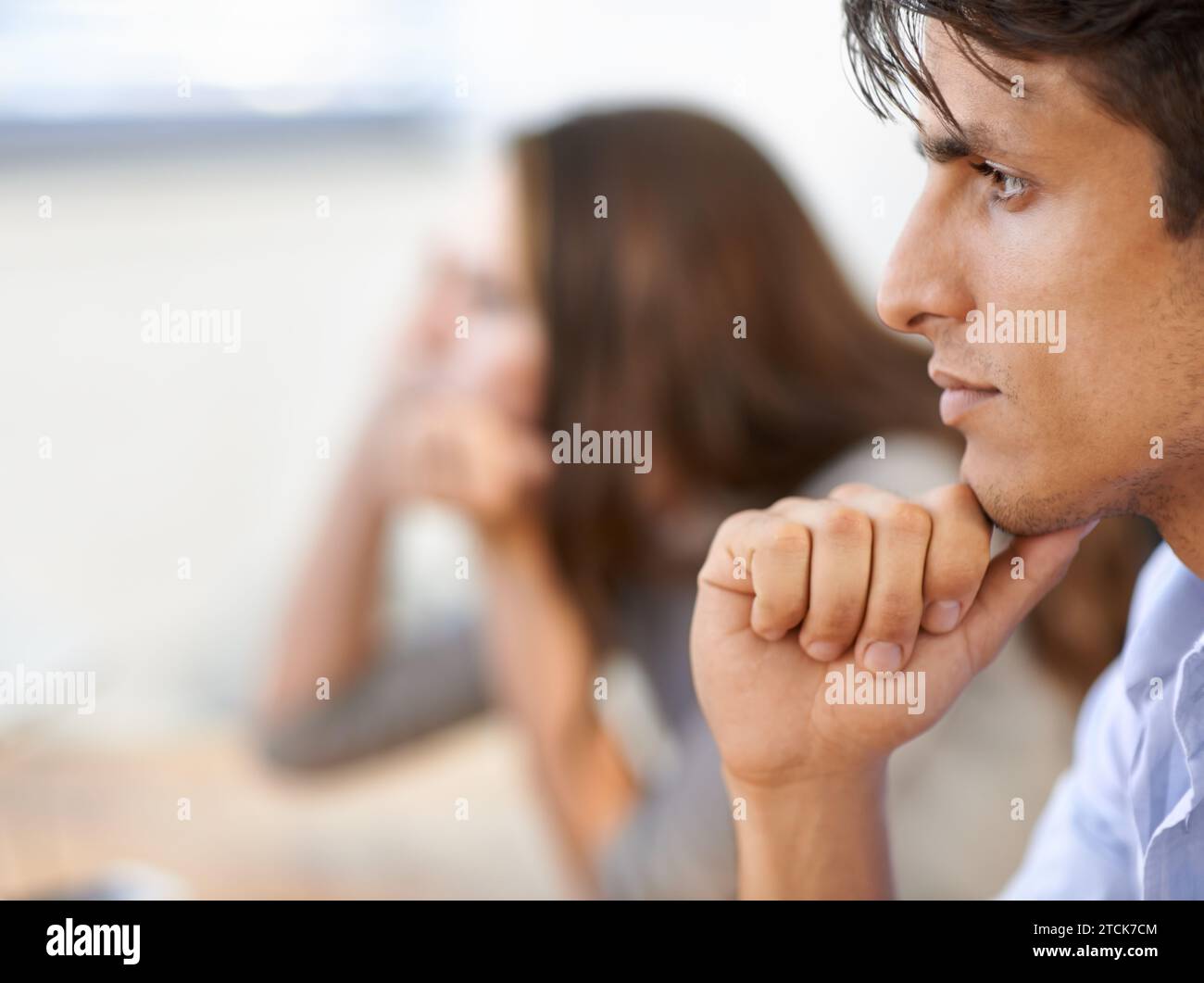 Business man, profile and thinking on company future and contemplating ...