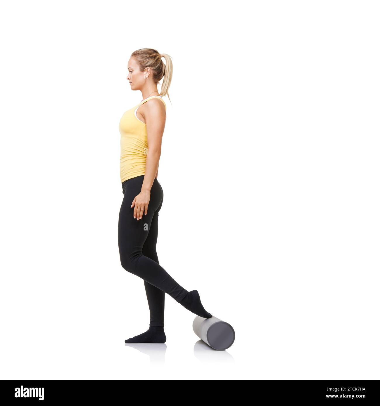 Woman, foam and roller for exercise, balance and fitness workout in ...