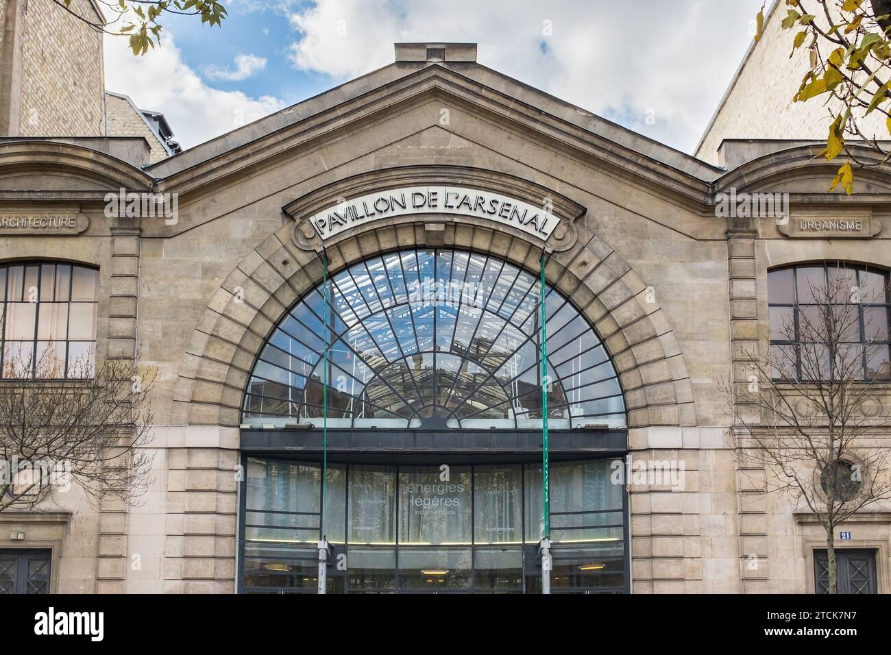 Paris, France, 2023. The glass façade of the Pavillon de l'Arsenal ...