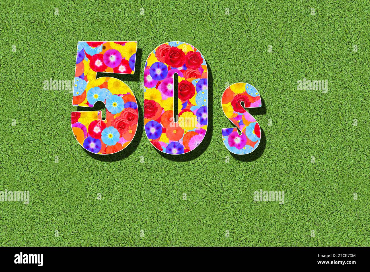 Graphic Fifties, 50s, 1950s, with colorful flowers written on a green ...