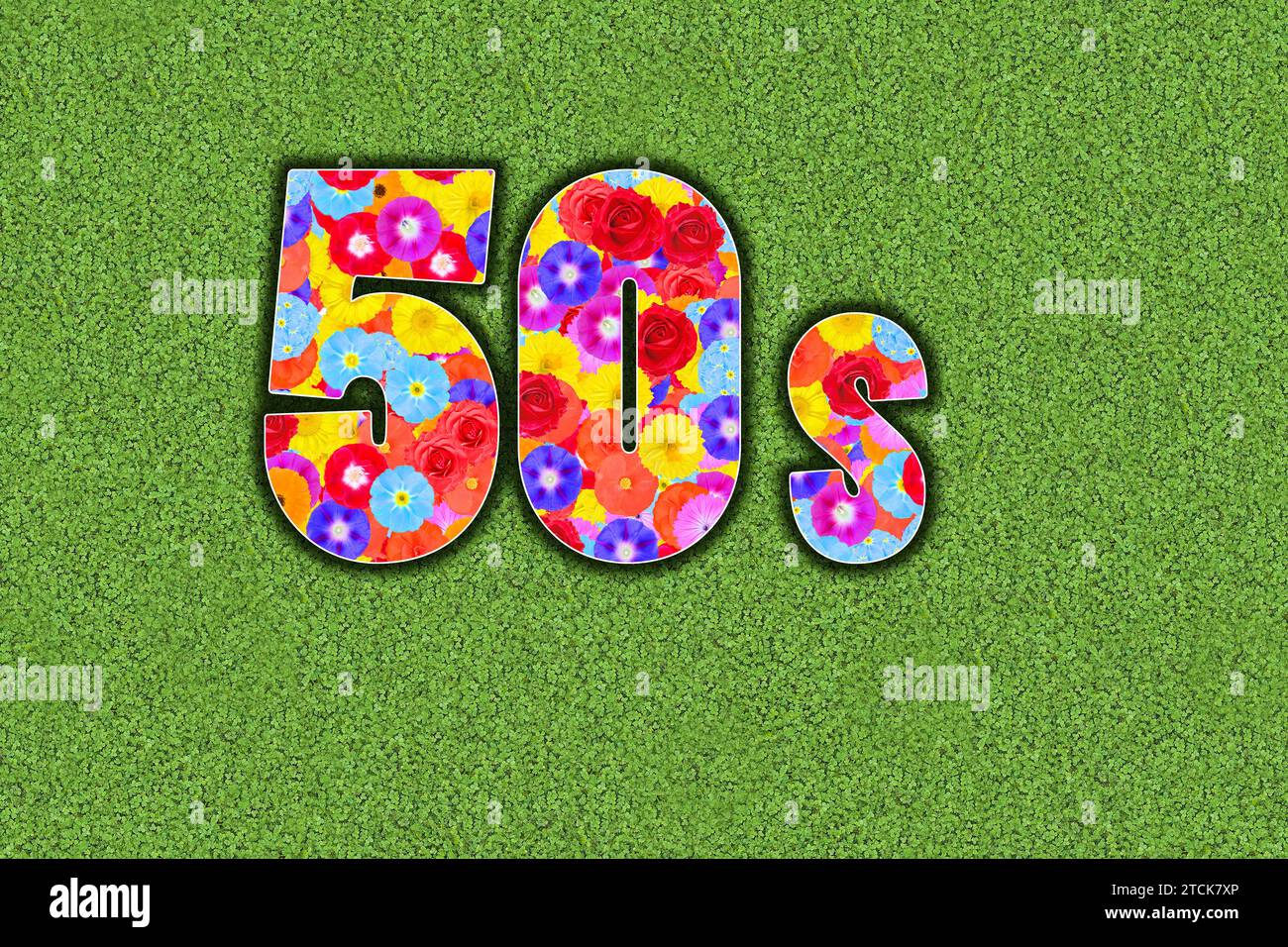 Graphic Fifties, 50s, 1950s, with colorful flowers written on a green ...